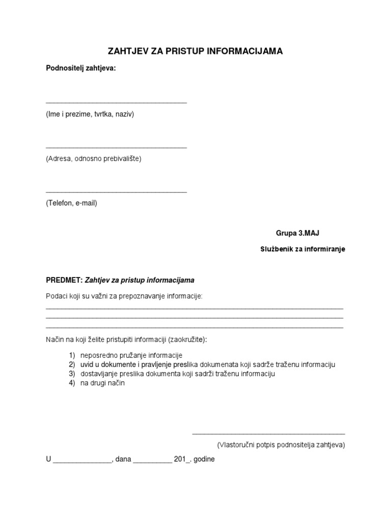 Zahtjev Za Pristup Informacijama - Obrazac | PDF