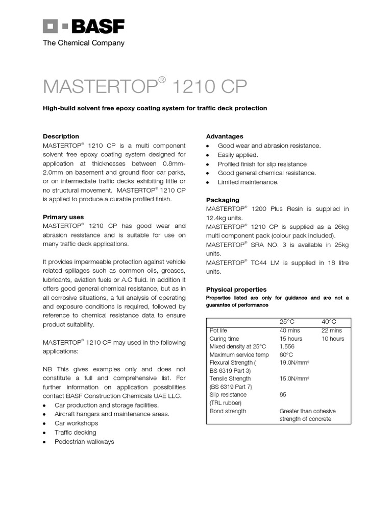 Mastertop 1210 CP: High-Build Solvent Free Epoxy Coating System For ...