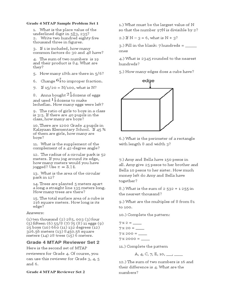 Grade 4 MTAP Sample Problem Set 1 | PDF | Fraction (Mathematics) | Elementary Mathematics