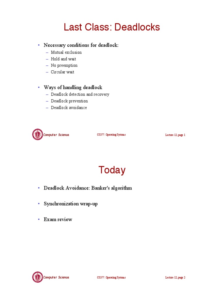 Last Class: Deadlocks!: Necessary Conditions For Deadlock | PDF ...