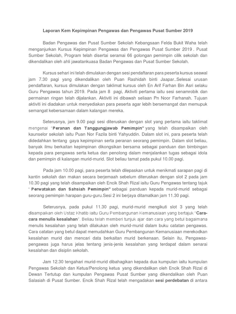 Laporan Kem Kepimpinan Pengawas Dan Pengawas Pusat Sumber 2019 | PDF
