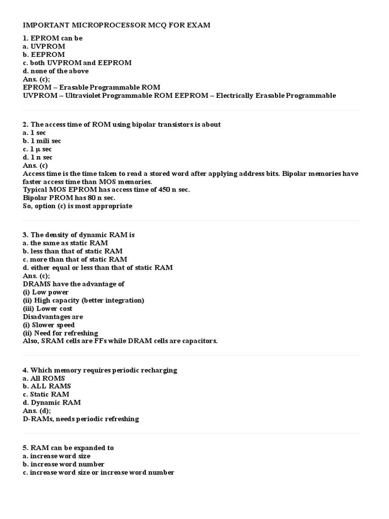 Microprocessor MCQ Set 1 | PDF | Dynamic Random Access Memory | Random Access Memory