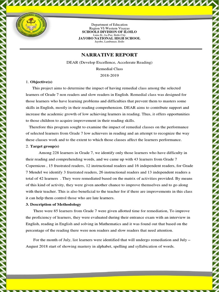 DEAR Project Team Leader-Narrative Report | Reading (Process) | Reading ...