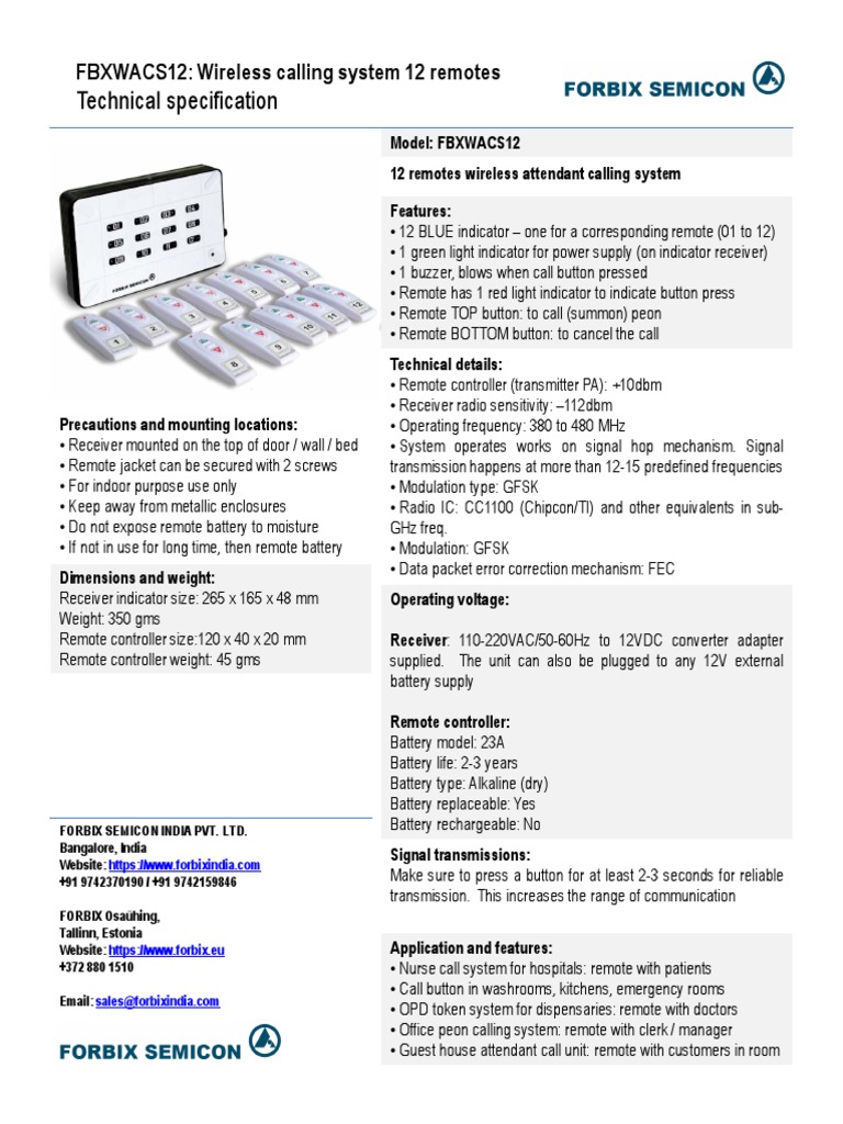 12 Remote Wireless Attendant Calling System: FBXWACS12, FORBIX SEMICON ...