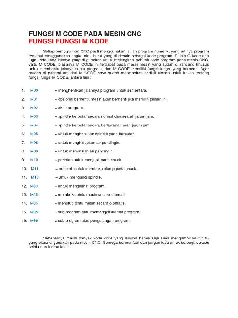 Fungsi M Code Pada Mesin CNC | PDF