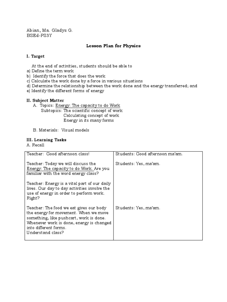 Physics Lesson Plan: Work and Energy | PDF | Chemical Substances | Force