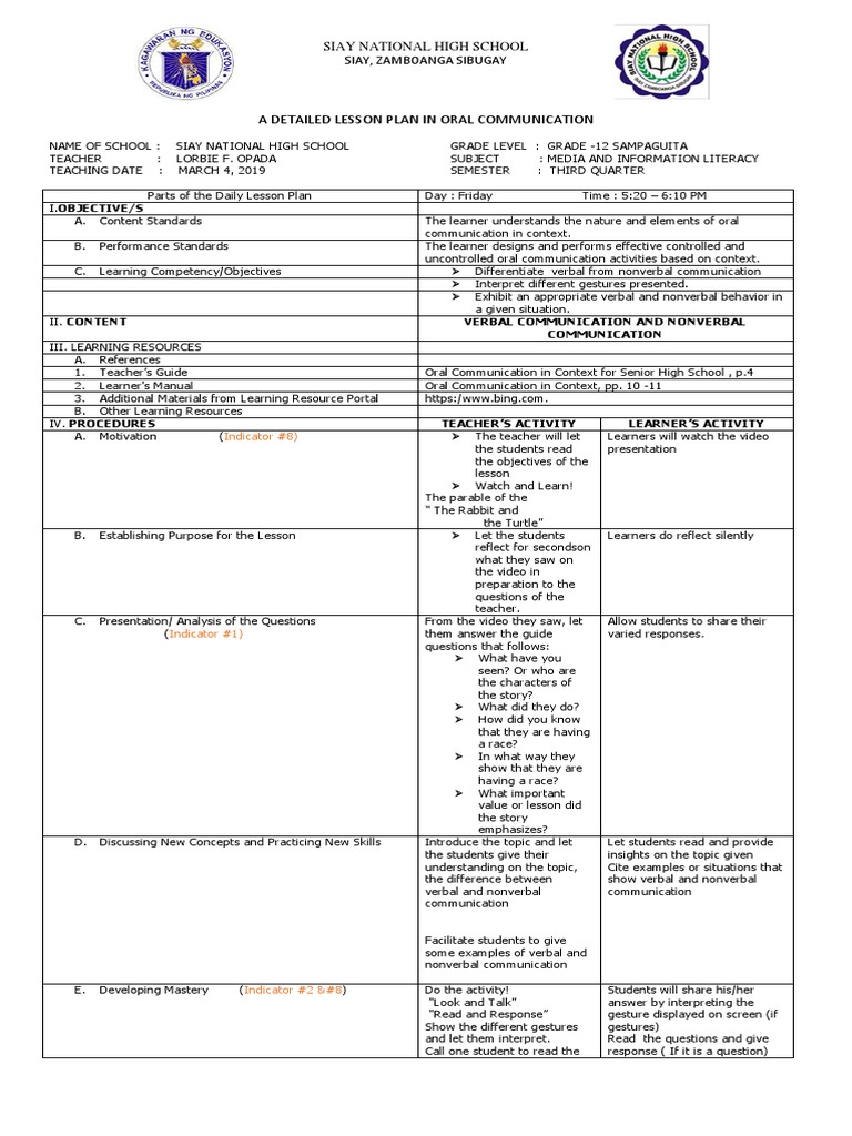Cot Lesson Plan Mil | PDF | Nonverbal Communication | Teachers