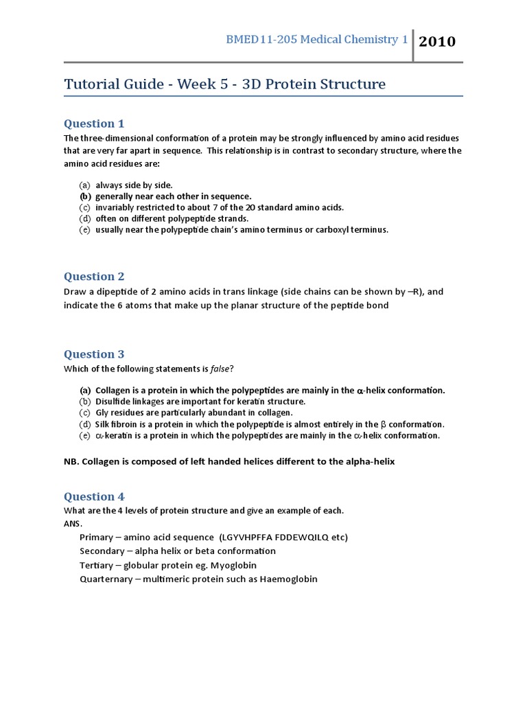 Tutorial Guide Week 5 - Chap 4 3D Structure | PDF | Protein Structure ...