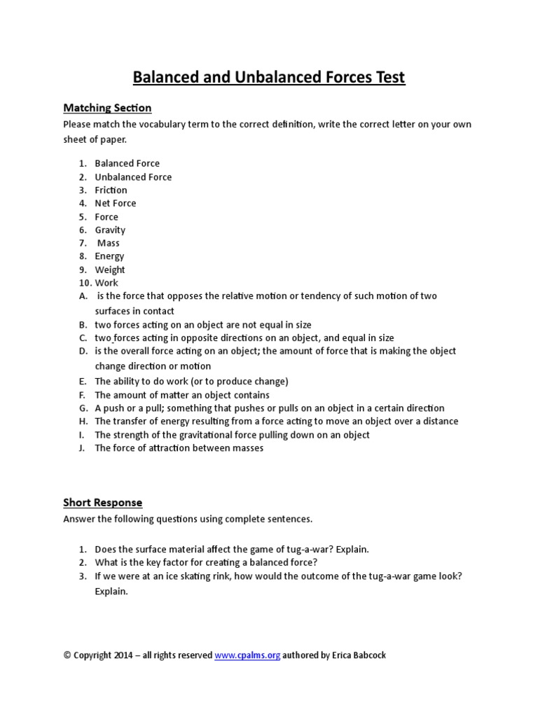 Balanced and Unbalanced Forces Test | PDF | Language Arts & Discipline ...
