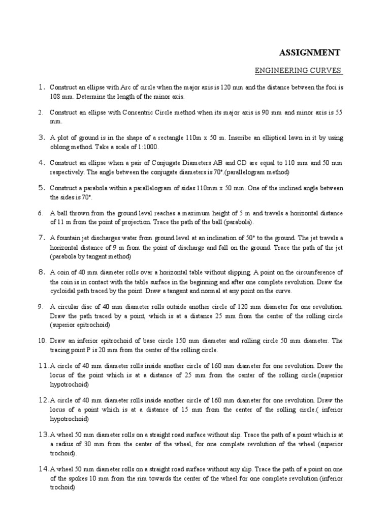 Engineering Curves Assignment Guide | PDF | Ellipse | Manifold