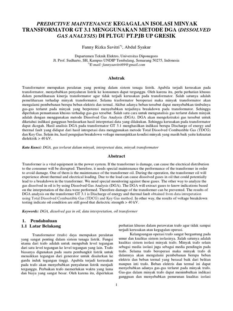 Predictive Maintenance Kegagalan Isolasi Minyak Transformator GT 3.1 Menggunakan Metode Dga ...