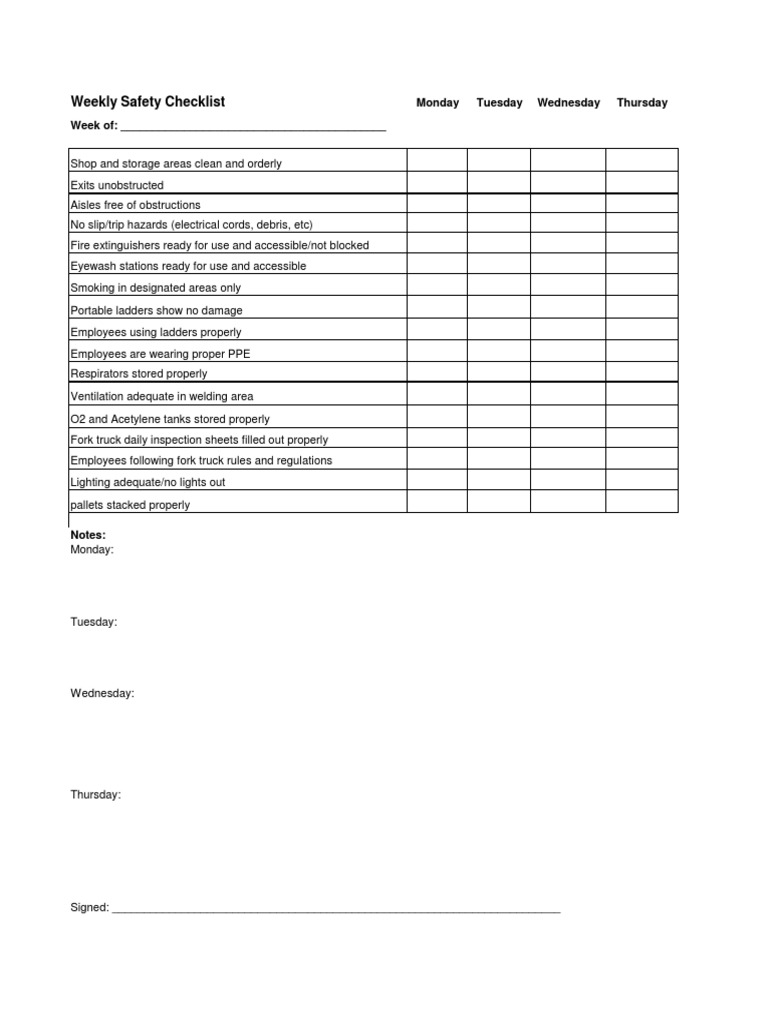 Weekly Safety Checklist: Monday Tuesday Wednesday Thursday Week Of | PDF