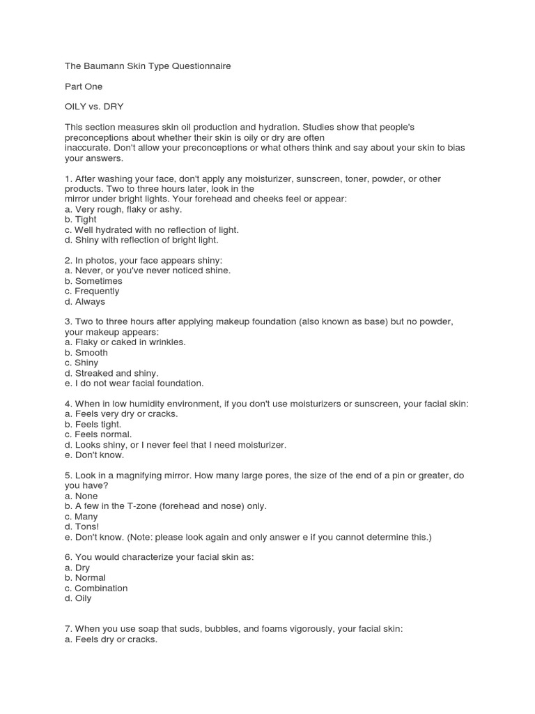 Baumann Skin Type Questionnaire Guide | PDF | Dermatitis | Human Skin Color