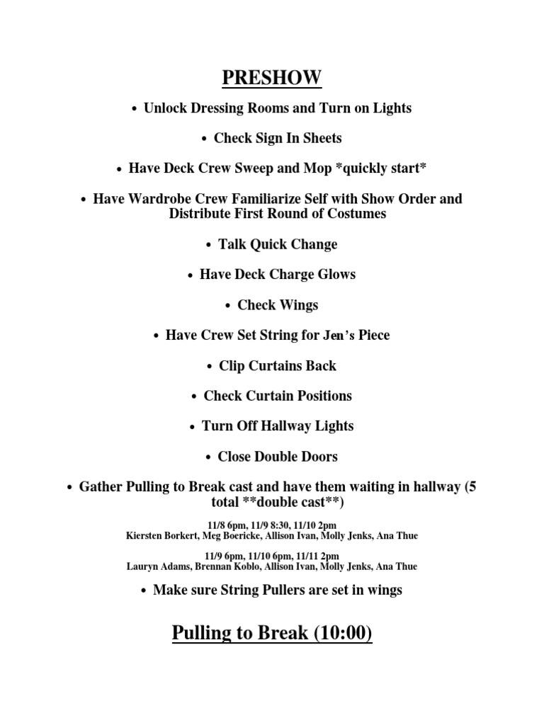 Preshow Checklist for Dance Performances | PDF | Leisure