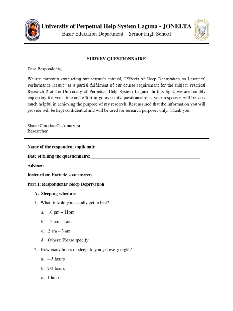 Survey Questionnaire | PDF | Sleep | Questionnaire