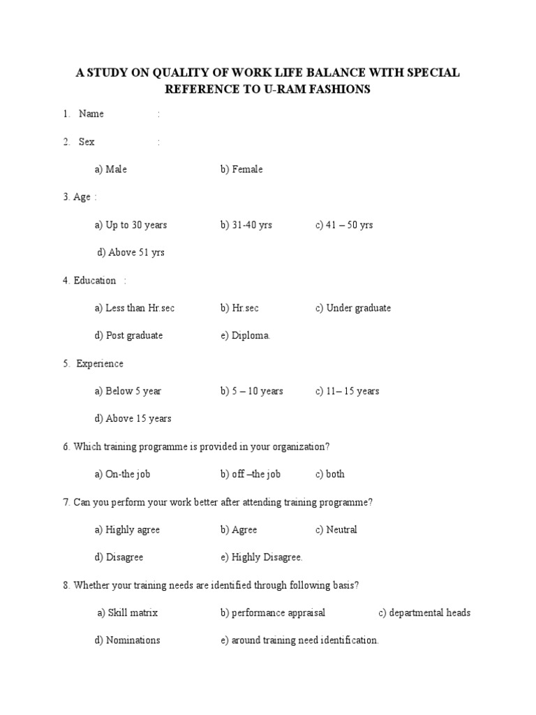 Questionnaire - Employee Worklife Balance | PDF | Work–Life Balance ...
