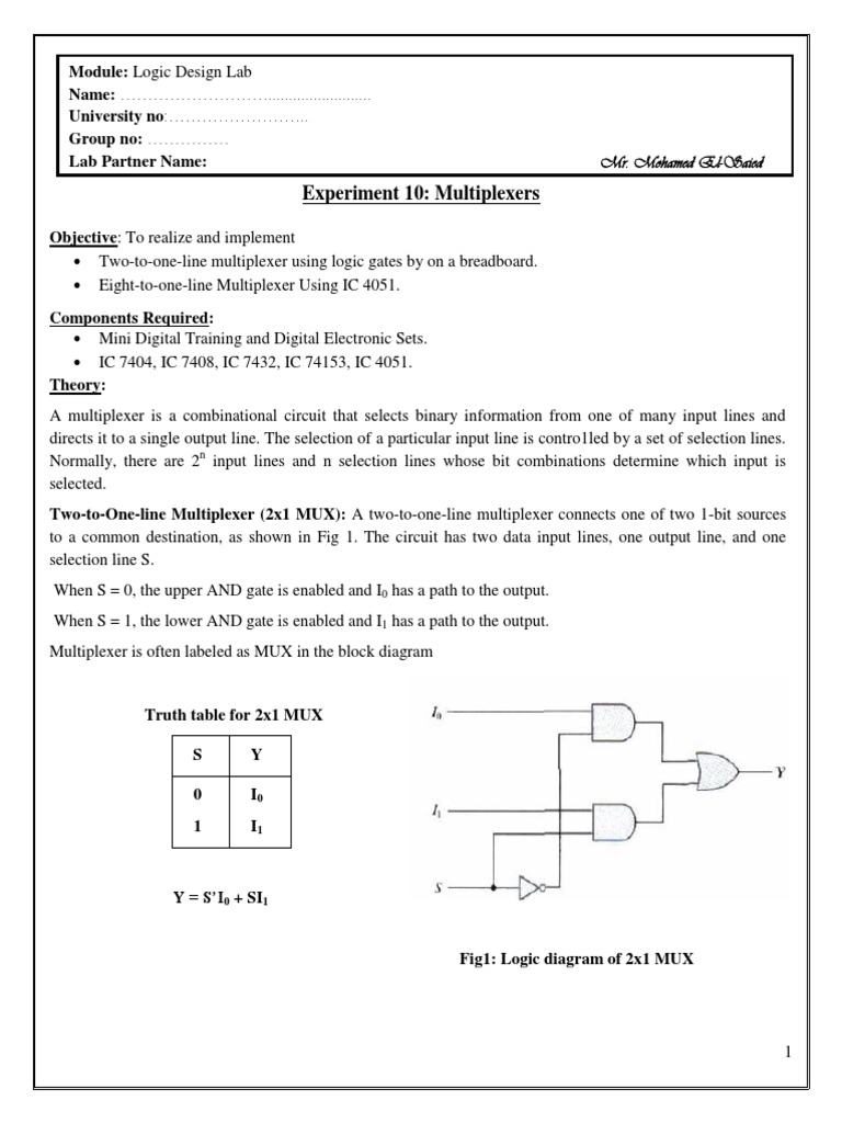 Experiment 10: Multiplexers: Mr. Mohamed El-Saied | PDF | Logic Gate ...