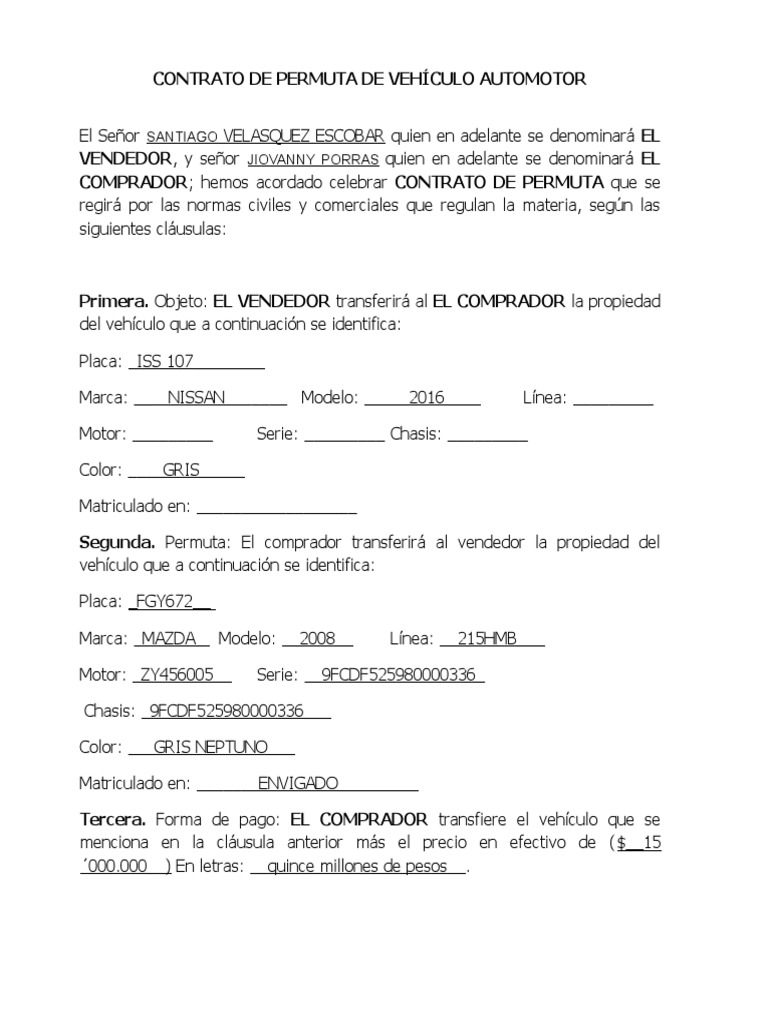 Contrato de Permuta de Vehiculo | Vehículo de motor | Vehículos