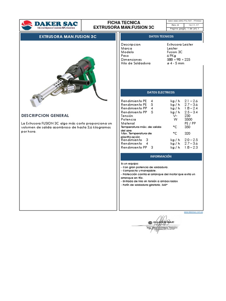 Ficha Tecnica 22 Extrusora Leister.xlsx | Ingeniería mecánica | Naturaleza