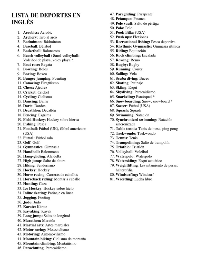 Lista de Deportes | PDF | Deportes de equipo | Aficiones