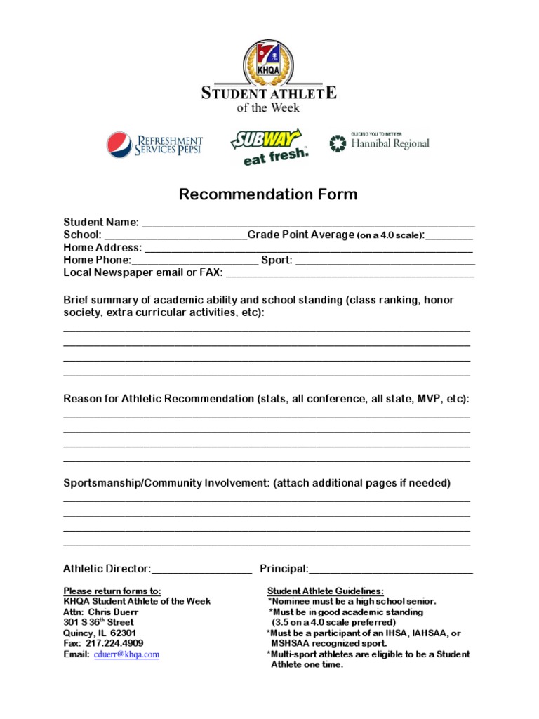High School Athletic Recommendation Form | PDF
