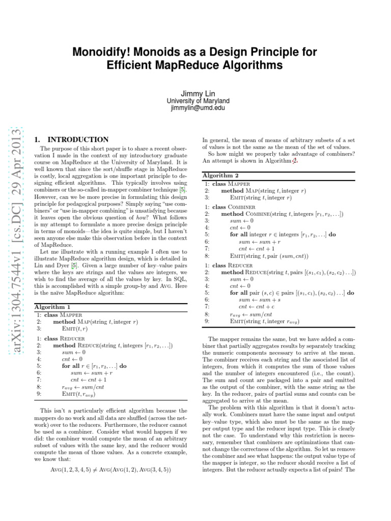 Monoidify! - Monoids As A Design Principle For Efficient MapReduce Algorithms | PDF | Map Reduce ...
