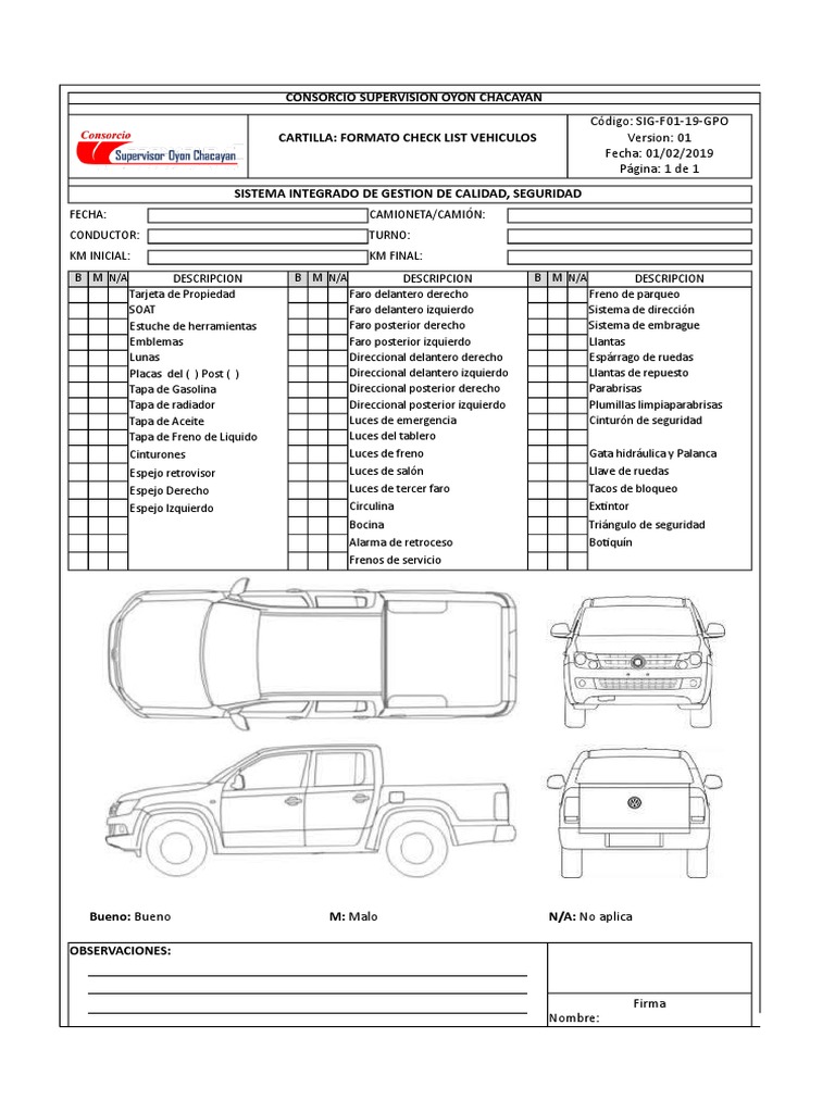 Formato Check List Vehículos Excel | PDF | Fabricantes de vehículos de ...