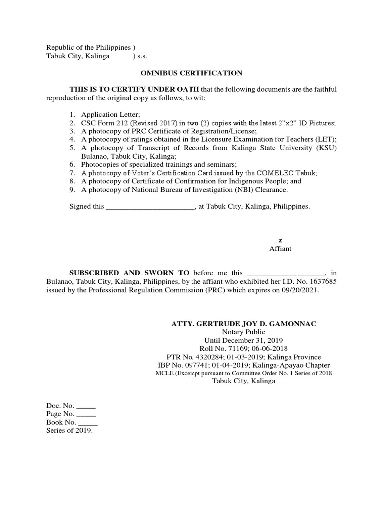 Omnibus Certification | PDF | Government And Personhood | Document