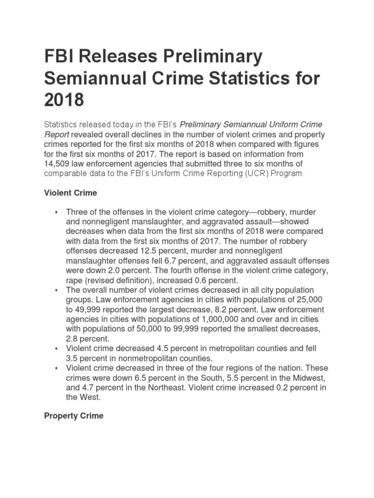 FBI Preliminary Semiannual Crime Statistics For 2018 | PDF | Uniform ...