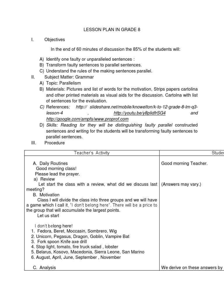 Lesson Plan in Grade 8 | Download Free PDF | Verb | Adverb