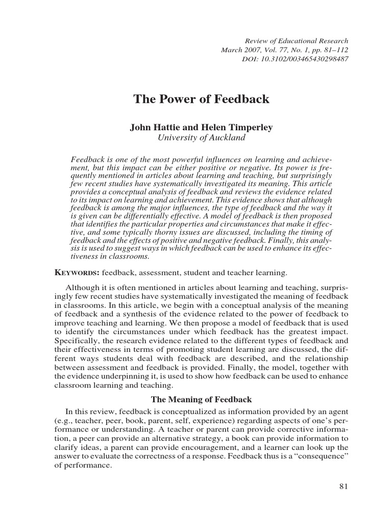 The Power of Feedback: John Hattie and Helen Timperley | PDF | Goal ...