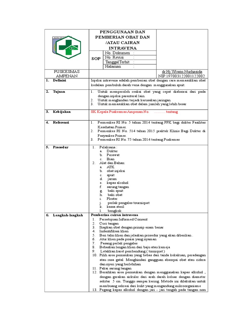 7.6.3.1 032 Sop Penggunaan Dan Pemberian Obat Dan Atau Cairan Intravena ...