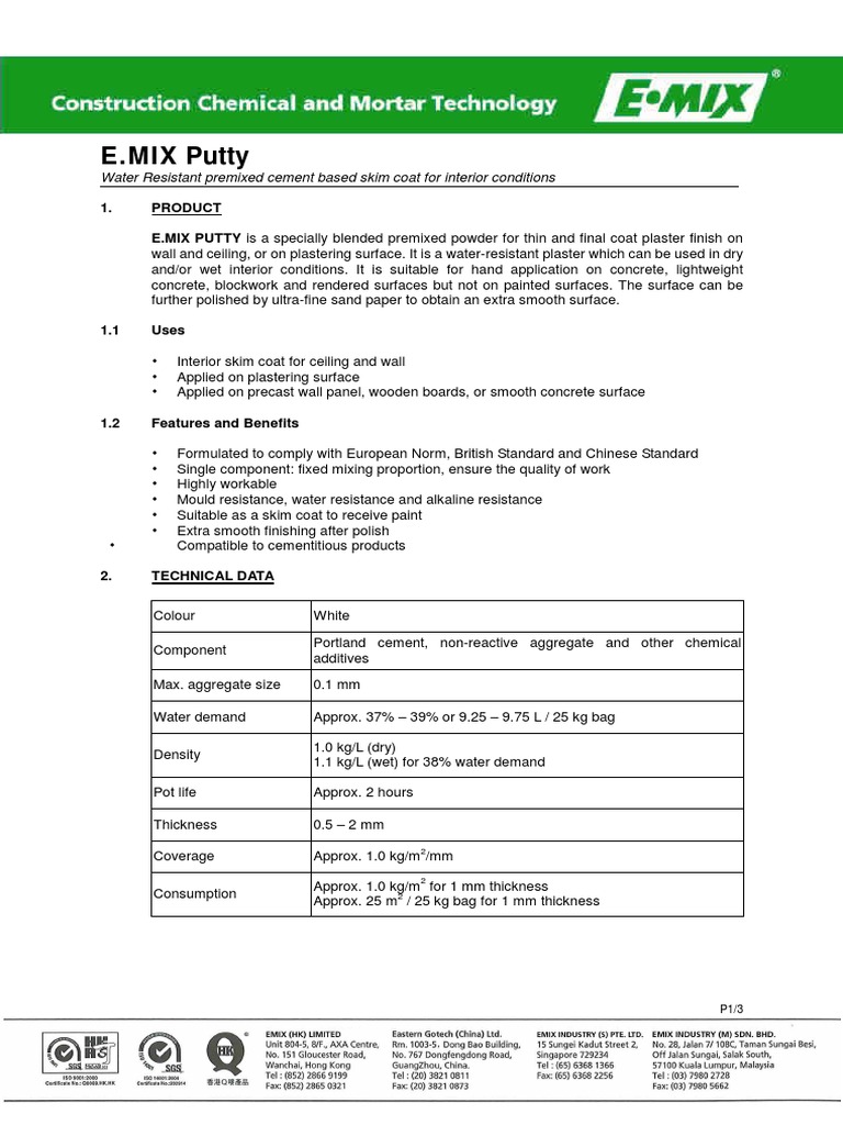 B03 EMIX Putty Product Sheet | PDF | Plaster | Concrete