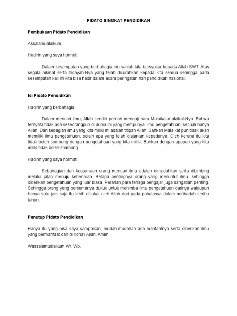 Contoh Pidato Singkat Pendidikan Pembuka | PDF