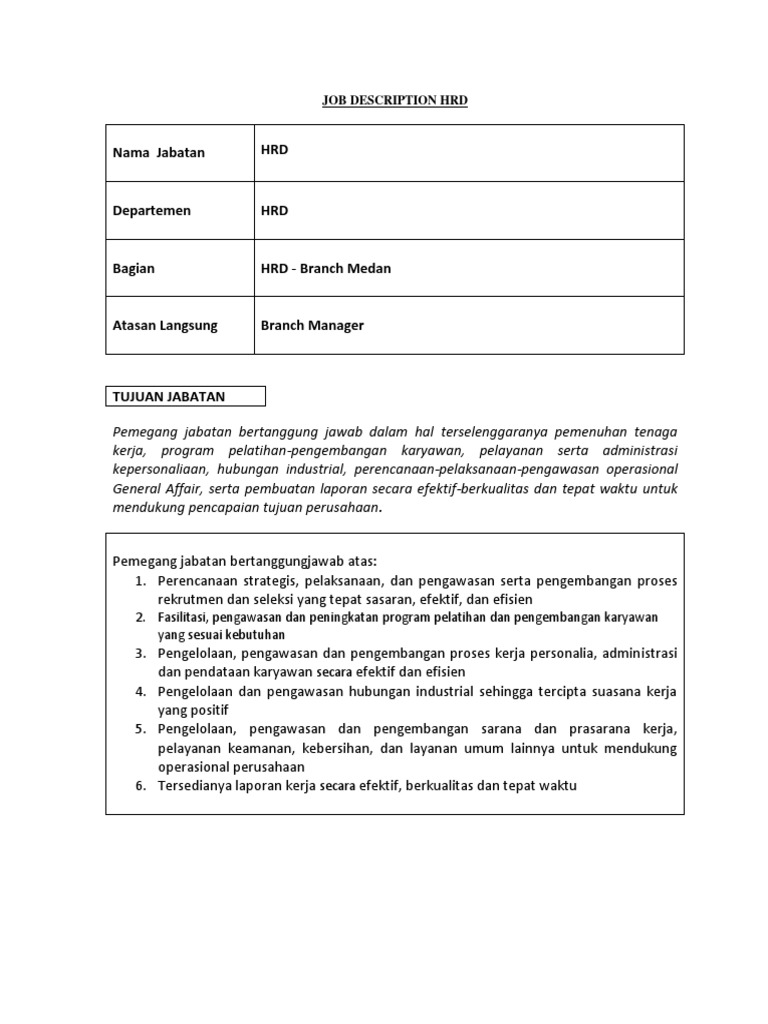 Contoh Form Job Description HRD | PDF