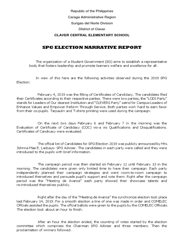 SPG Election Narrative Report: Claver Central Elementary School | PDF ...