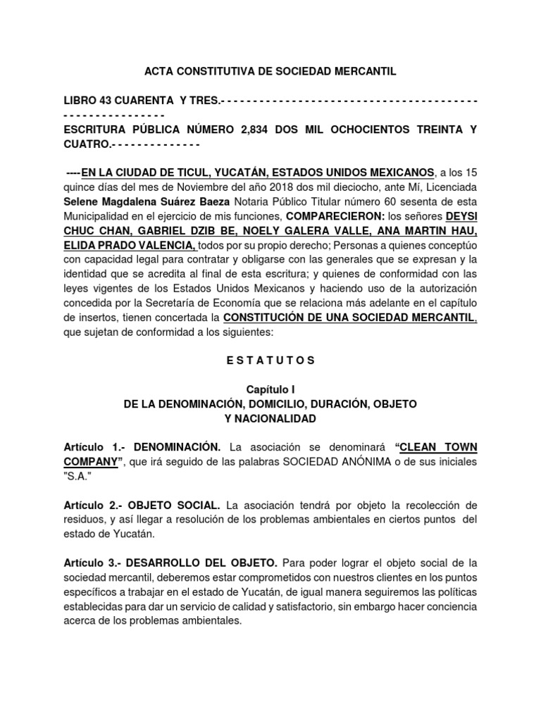 Acta Constitutiva de Sociedad Mercantil Clean Town | PDF | Sociedad de responsabilidad limitada ...