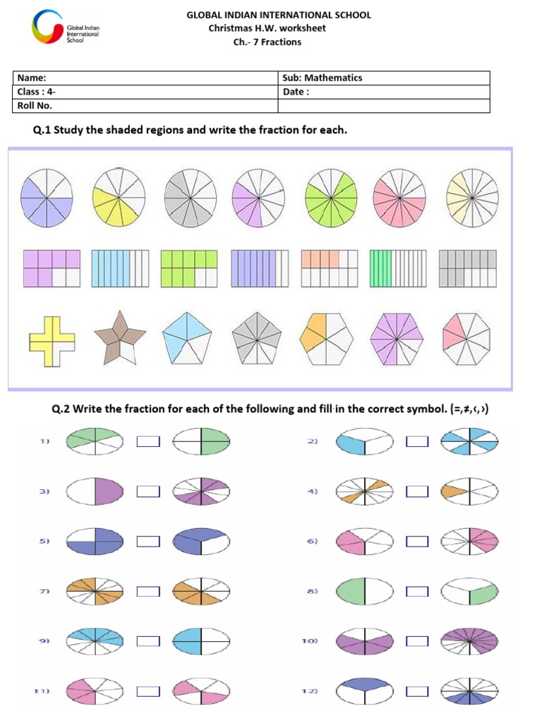 Q.1 Study The Shaded Regions and Write The Fraction For Each | Download ...