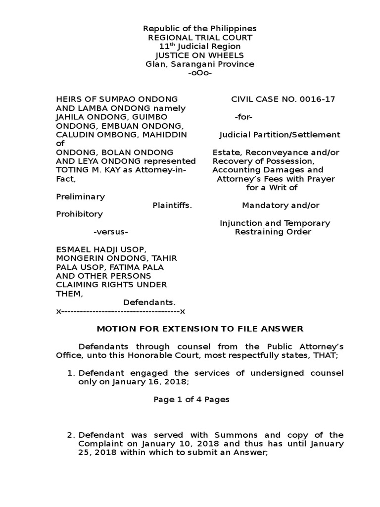 Motion For Extension Time - Civil Case Usop | PDF | Lawsuit ...