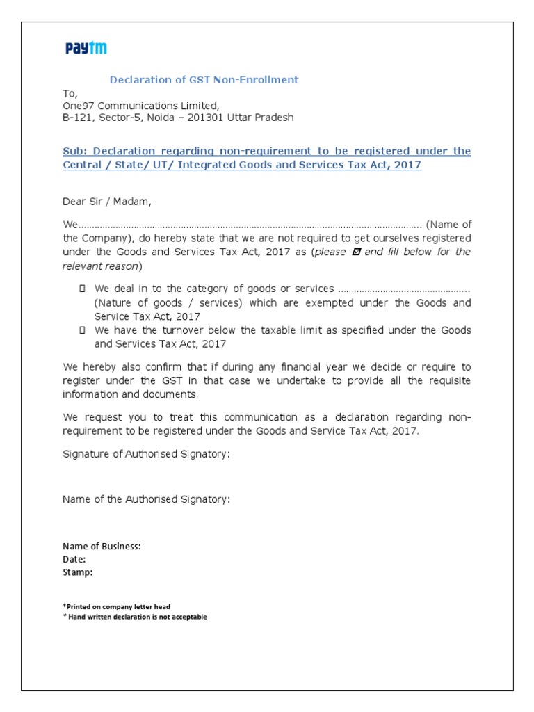 Declaration of GST Non Enrollment | PDF | Taxes | Government