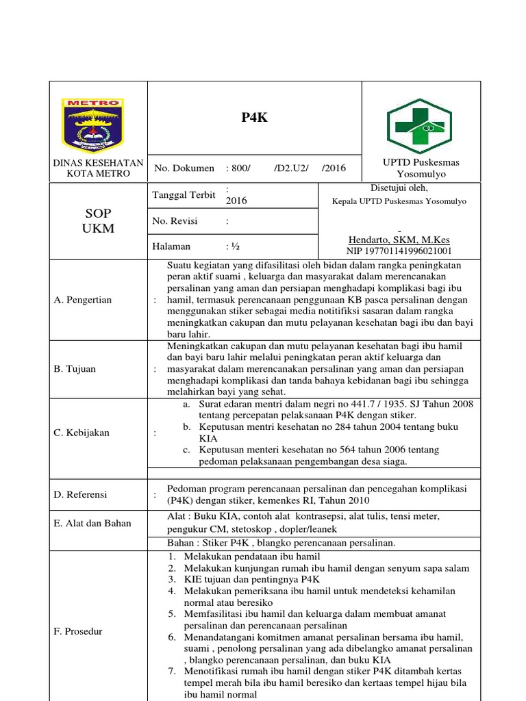 Sop P4K Uptd Puskesmas Yosomulyo | PDF | Sains & Matematika