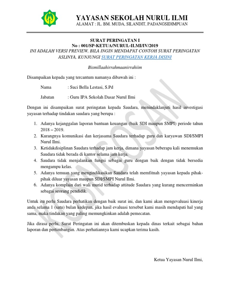 Contoh Surat Peringatan Kerja Yang Baik Dan Benar | PDF