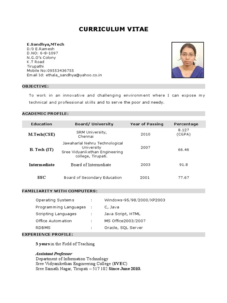 Curriculum Vitae: E.Sandhya, Mtech | PDF | Computing | Science And Technology
