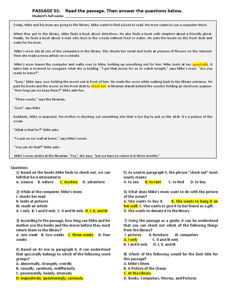 PASSAGE 01: Read The Passage. Then Answer The Questions Below | PDF | Books | Libraries
