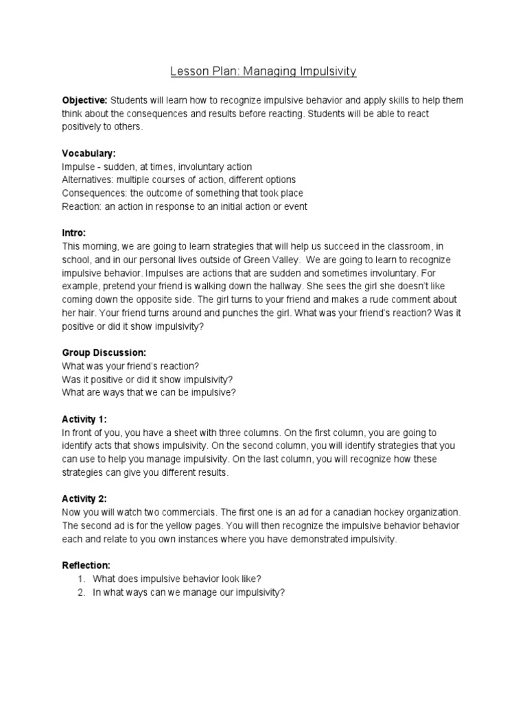 Lesson Plan Managing Impulsivity | PDF | Impulsivity | Lesson Plan