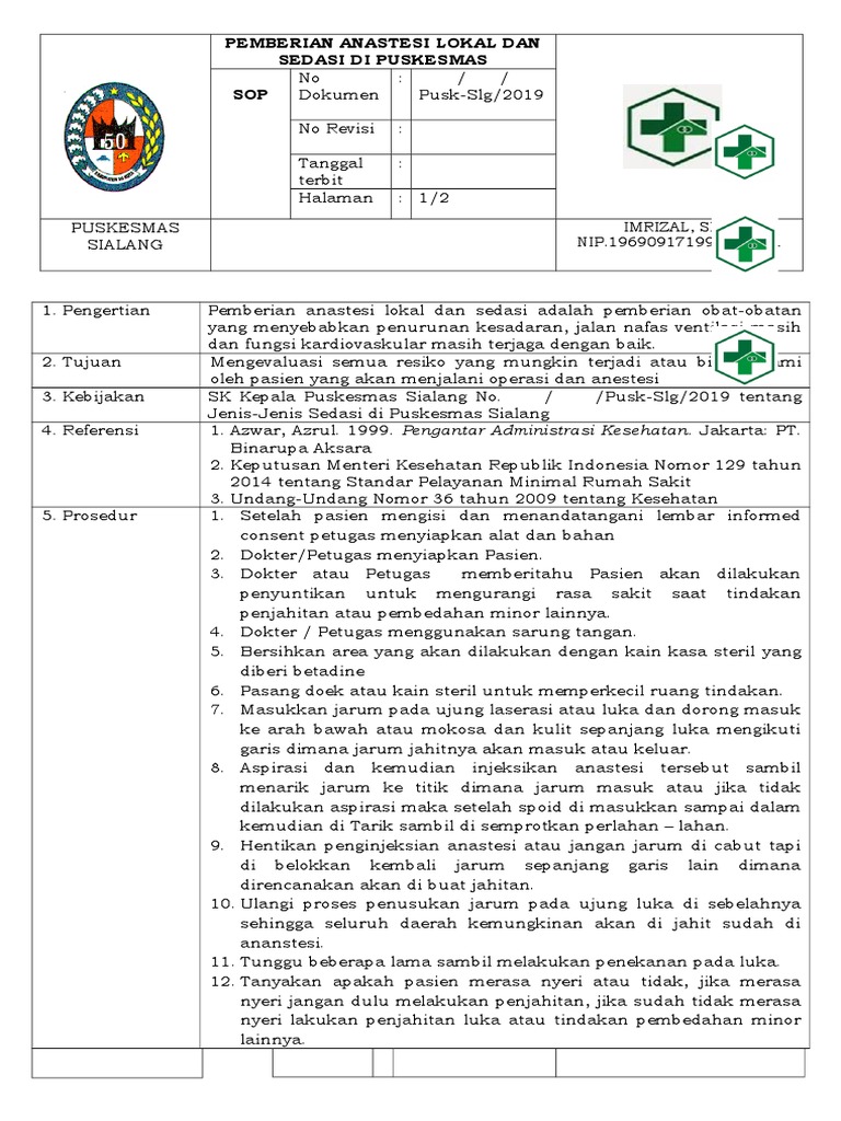 Sop Pemberian Anastesi Lokal Dan Sedasi Di Puskesmas Sialang | PDF ...