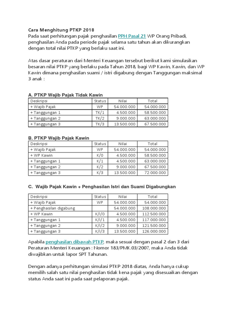 Cara Menghitung PTKP 2018 | PDF