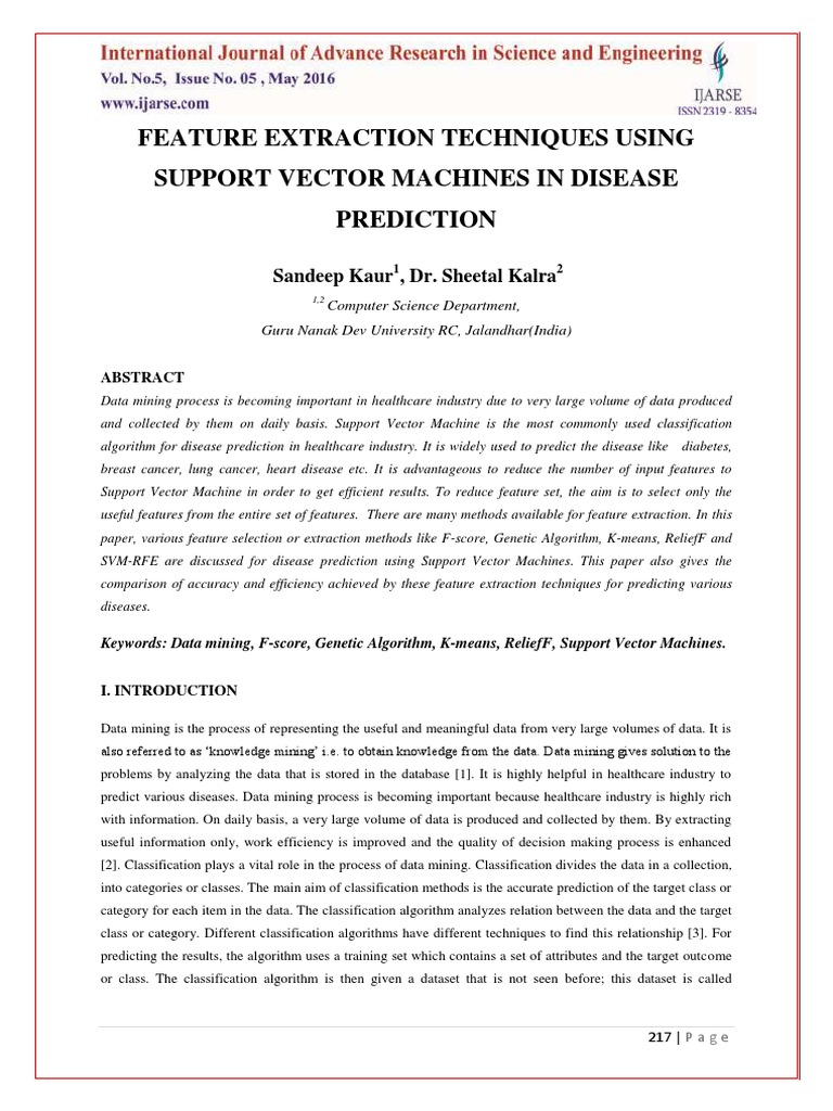 Feature Extraction Techniques Using Support Vector Machines in Disease Prediction | PDF ...
