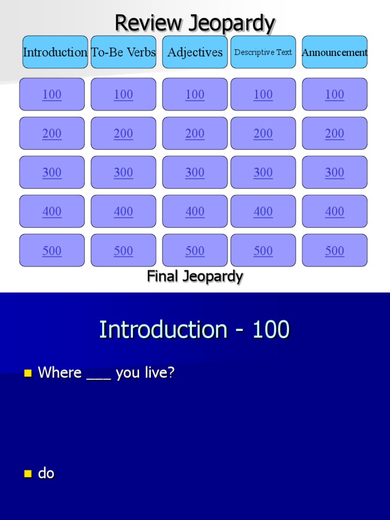 Introduction To-Be Verbs Adjectives: Final Jeopardy | PDF | Syntax