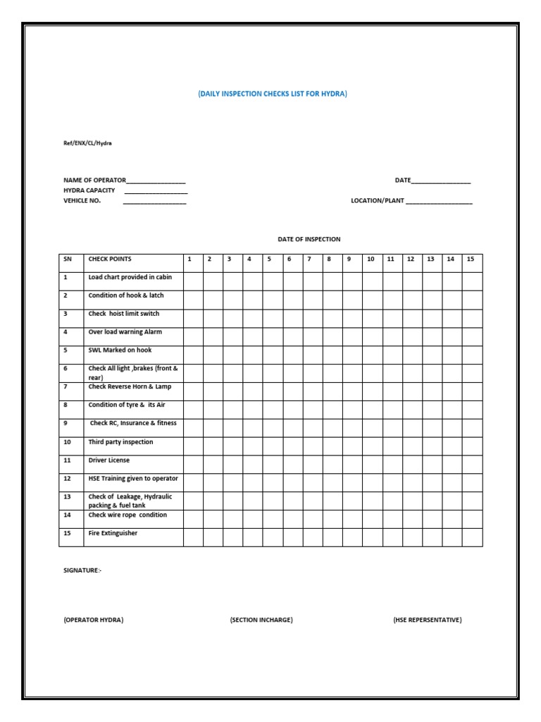Daily Hydra Inspection Checklist | PDF